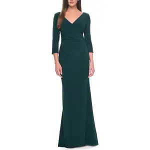 La Femme Long Evening Dress With Wrap Neckline - Hunter Green
