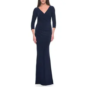 La Femme Long Evening Dress With Wrap Neckline - Navy