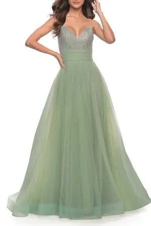 La Femme Tulle Gown With Rhinestone Bodice - Sage
