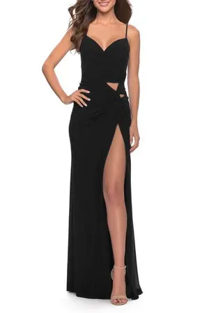 La Femme Net Jersey Dress With Cutouts And Slit - Black