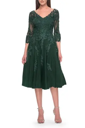 La Femme Tulle And Lace Knee Length Dress - Emerald