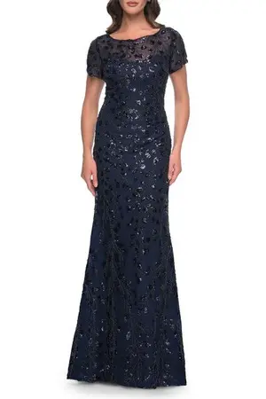 La Femme Beaded Sequin Evening Gown - Navy
