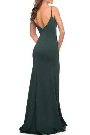 La Femme Jersey Gown With High Slit - Emerald