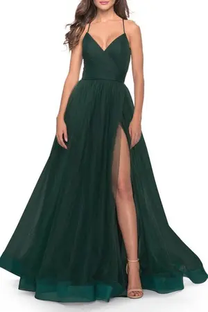 La Femme Long Tulle A-line Gown With Slit And Pockets - Dark Emerald