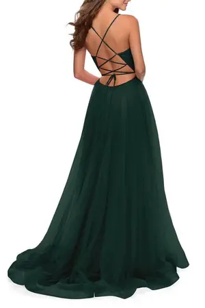 La Femme Long Tulle A-line Gown With Slit And Pockets - Dark Emerald