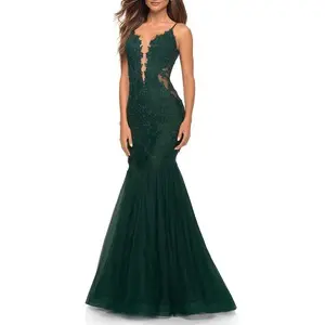 La Femme Tulle And Lace Mermaid Gown - Dark Emerald