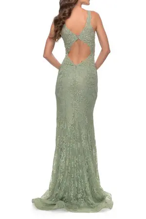 La Femme Fitted Stretch Lace Gown With Deep V And Beading