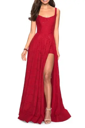 La Femme Lace Prom Dress With Attached Shorts - Red