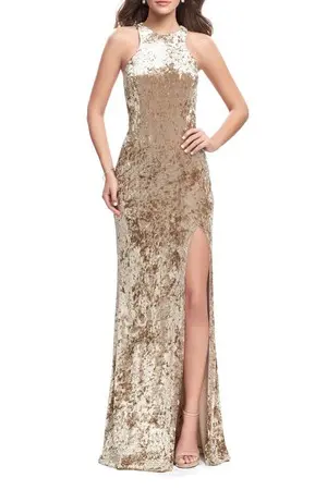 La Femme Crushed Velvet Column Gown With High Neckline And Slit - Beige