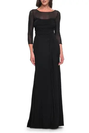 La Femme Evening Dress With Illusion Neckline - Black