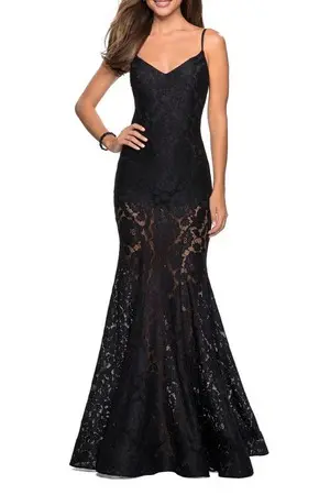 La Femme Form Fitting Lace Prom Gown - Black