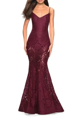 La Femme Form Fitting Lace Prom Gown - Wine