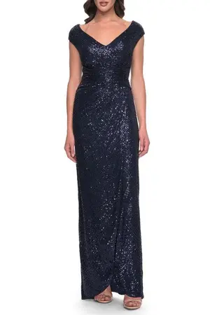 La Femme Sequin Evening Dress - Navy