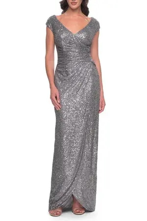 La Femme Sequin Evening Dress - Silver