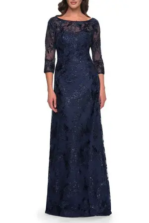 La Femme Lace Gown With Illusion Neckline - Navy