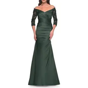 La Femme Mermaid Satin Gown With Lace Sleeves - Emerald