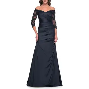 La Femme Mermaid Satin Gown With Lace Sleeves - Navy