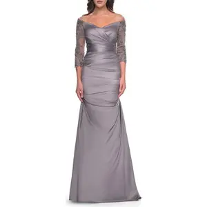 La Femme Mermaid Satin Gown With Lace Sleeves - Silver