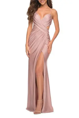 La Femme Ruched Long Gown - Mauve