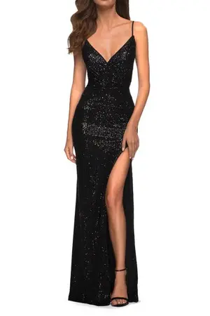 La Femme Long Sequin Gown With Slit - Black