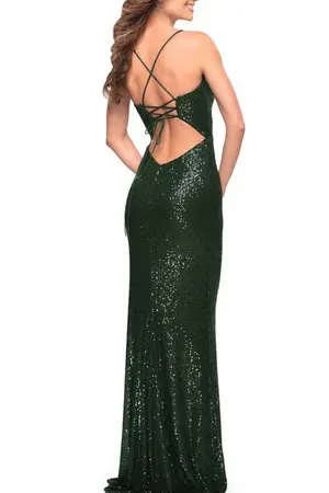 La Femme Long Sequin Gown With Slit - Emerald
