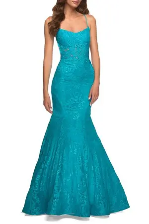La Femme Lace Mermaid Gown With Open Back - Aqua