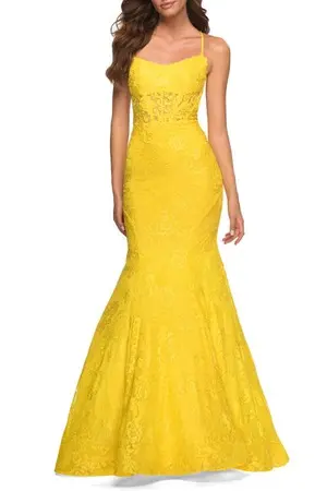 La Femme Lace Mermaid Gown With Open Back - Yellow