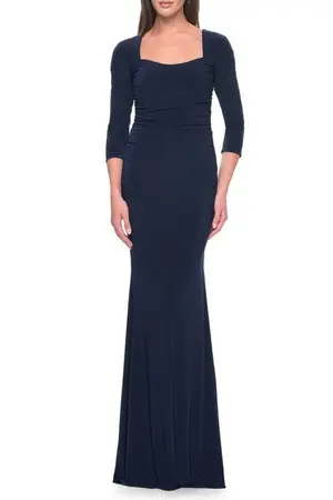 La Femme Long Jersey Evening Dress - Navy