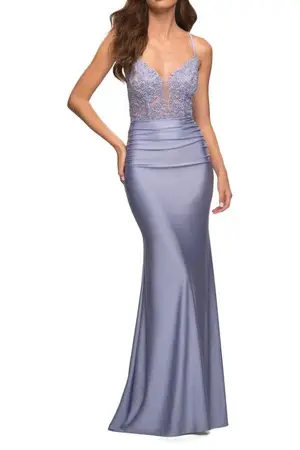 La Femme Lace Bodice Jersey Gown - Light Periwinkle