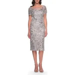 La Femme Lace And Sequin Dress - Silver