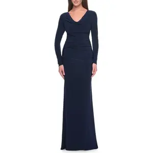 La Femme Long Jersey Evening Gown - Navy