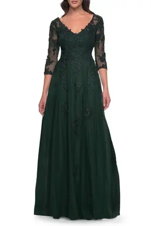 La Femme Tulle And Lace A-line Gown - Dark Emerald