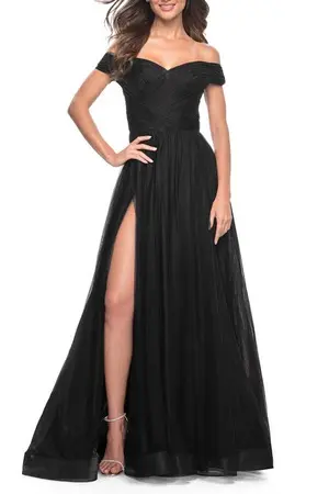 La Femme Tulle A-line Off-the-shoulder Gown - Black