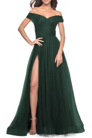 La Femme Tulle A-line Off-the-shoulder Gown - Dark Emerald
