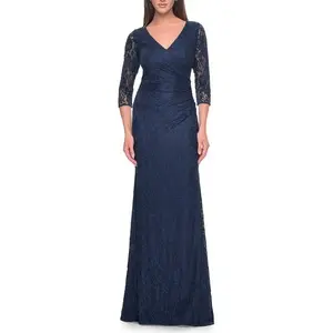 La Femme Stretch Lace Evening Gown - Navy