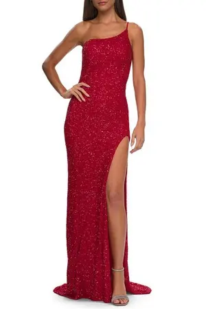 La Femme One-shoulder Sequin Gown - Red