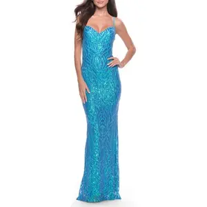 La Femme Print Sequin Gown With Lace-up Back - Aqua