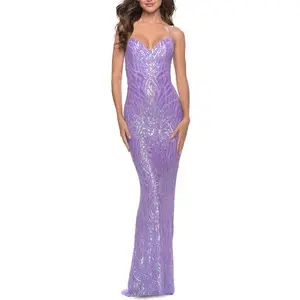 La Femme Print Sequin Gown With Lace-up Back - Lavender