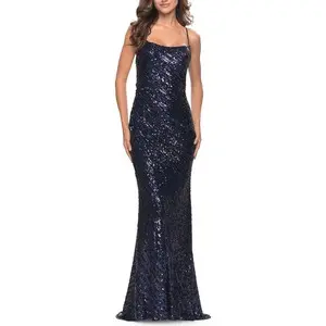 La Femme Long Sequin Gown With Lace-up Back - Navy