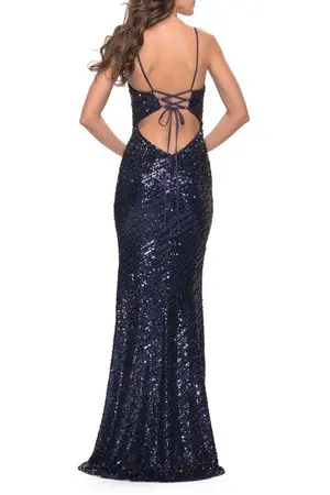La Femme Long Sequin Gown With Lace-up Back - Navy