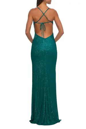 La Femme Sequin Column Gown - Emerald