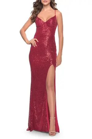 La Femme Sequin Column Gown - Red