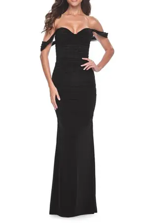 La Femme Off-the-shoulder Jersey Gown - Black