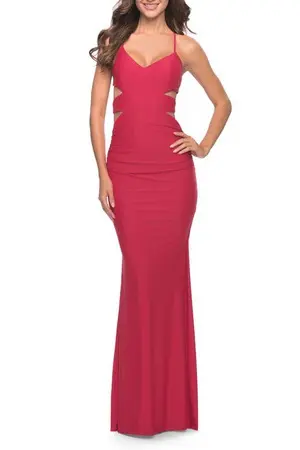 La Femme Side Cut Out Jersey Gown - Red