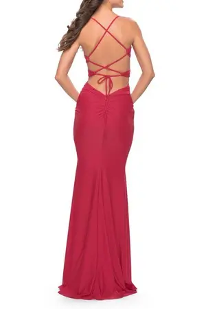 La Femme Side Cut Out Jersey Gown - Red