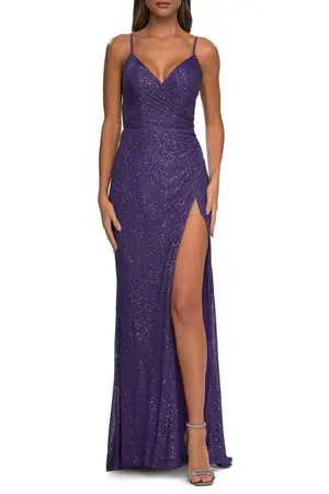 La Femme Ruched Sequin Gown With Open Back - Purple