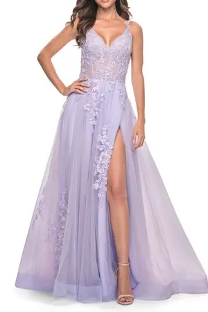La Femme Tulle A-line Gown With Lace Applique - Lavender