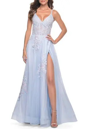 La Femme Tulle A-line Gown With Lace Applique - Light Blue