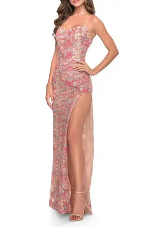 La Femme Print Sequin Gown With High Slit