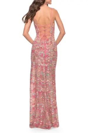La Femme Print Sequin Gown With High Slit